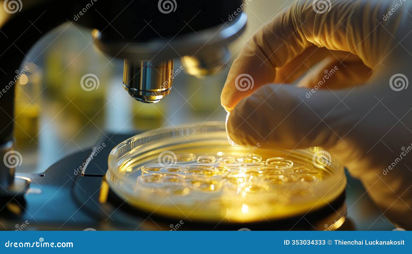 Close Up of Microscope Lens with Hand Placing Sample on Petri Dish ...