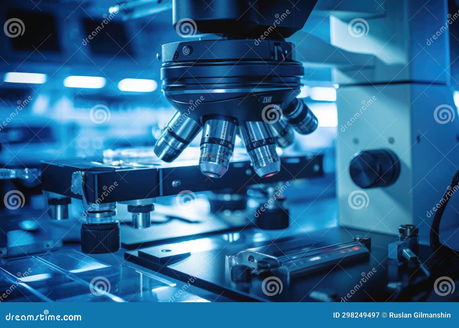 Close Up of Microscope Lenses Focused on a Specimen in Blue Light Stock ...