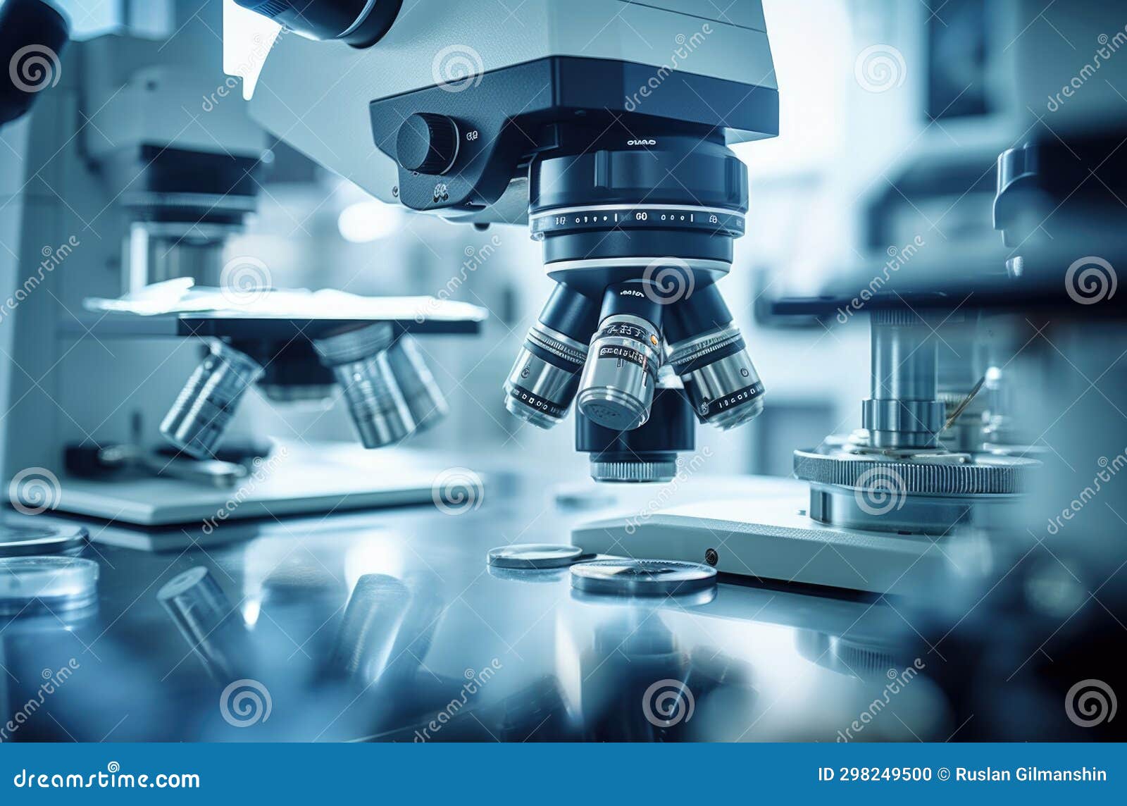 Close Up of Microscope Lenses Focused on a Specimen in Blue Light Stock ...