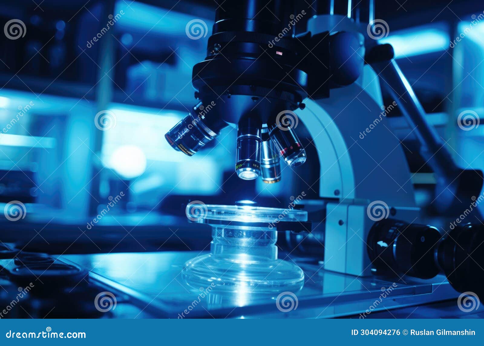 Close Up of Microscope Lenses Focused on a Specimen in Blue Light Stock ...