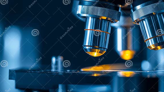 Close-up of Microscope Lenses. Laboratory Setting, Emphasizing ...