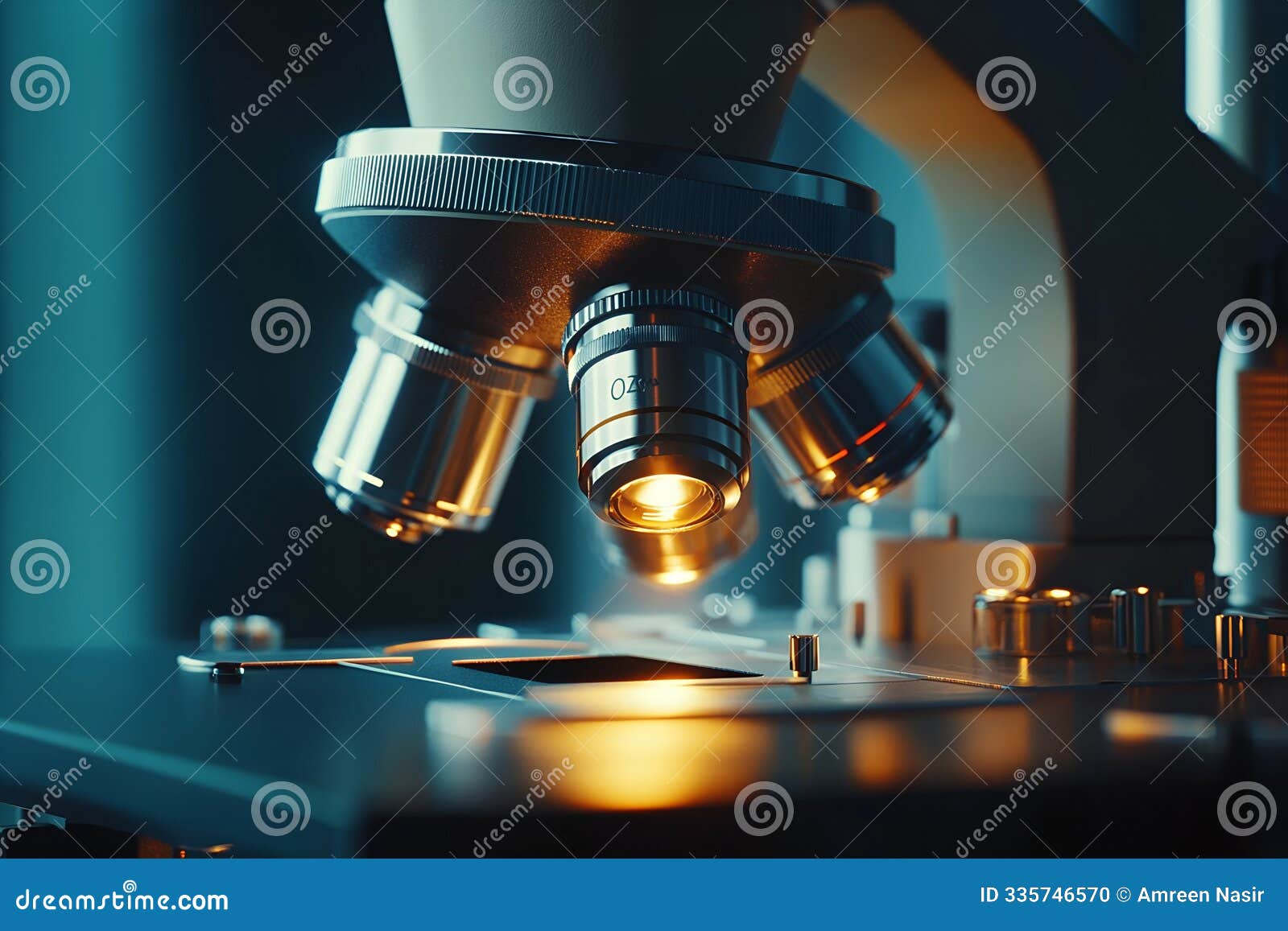 Close-up of Microscope Lenses in a Laboratory Setting with Focused ...
