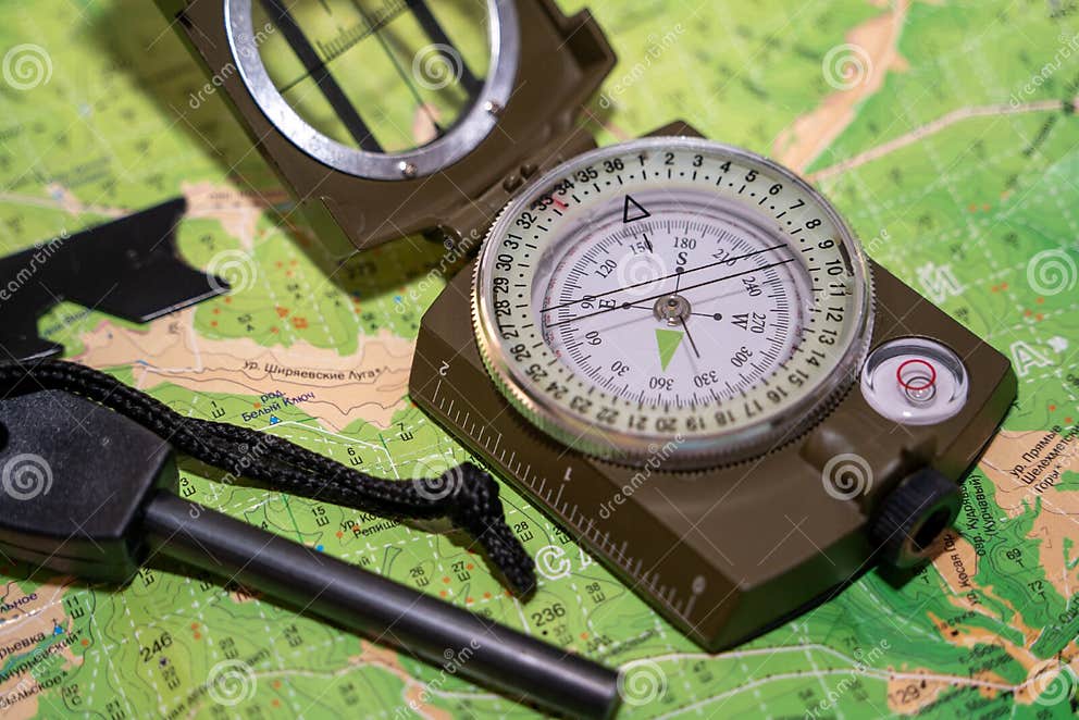 Close-up of a Military Compass on a Map of Russia. Determining the ...