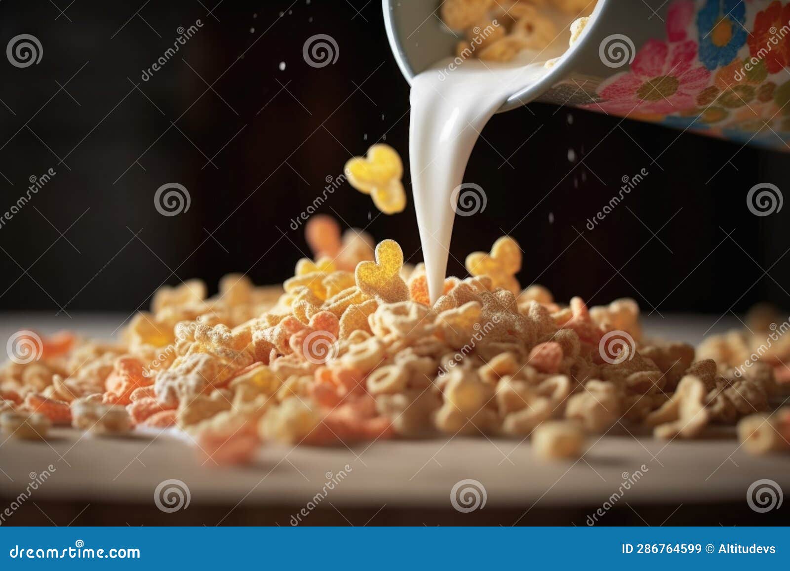 Close-up of Milk Pouring Onto Cereal Flakes Stock Illustration ...