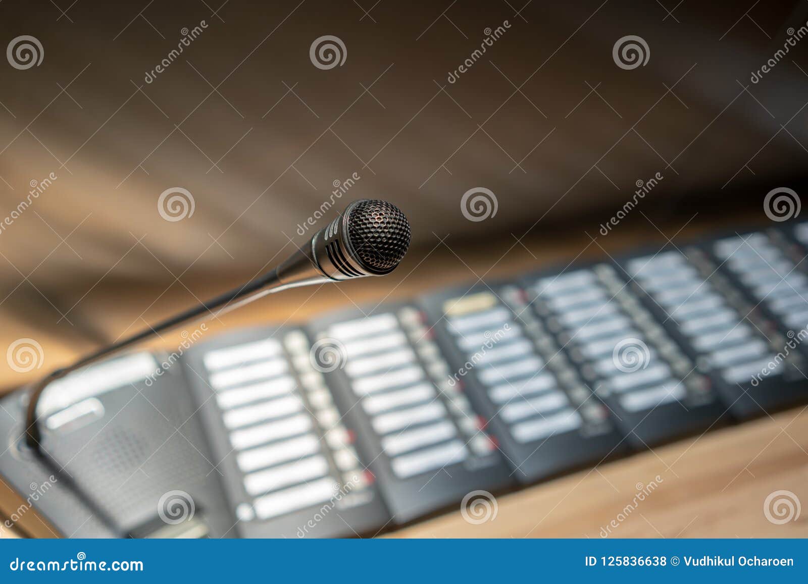 Close Up of Mini Microphone at the Reception Desk in Office Building ...