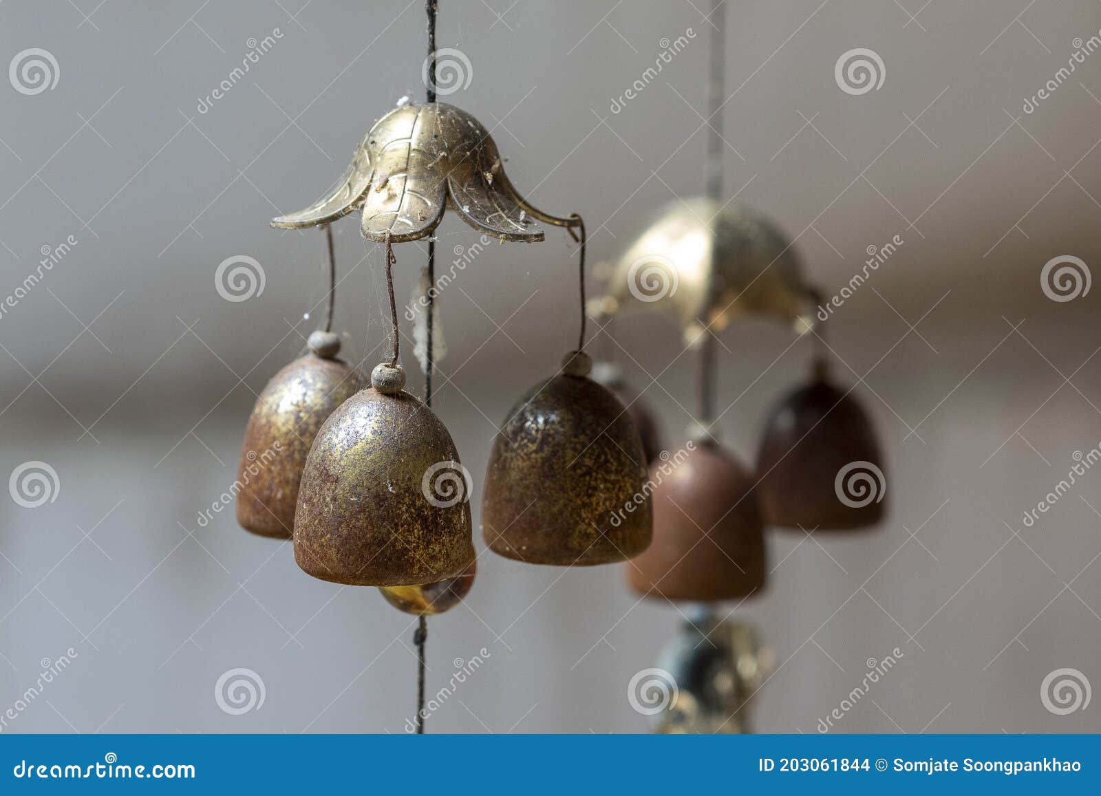 Selective Focus Small Brass Bell Hanging in the House Golden Bell is ...