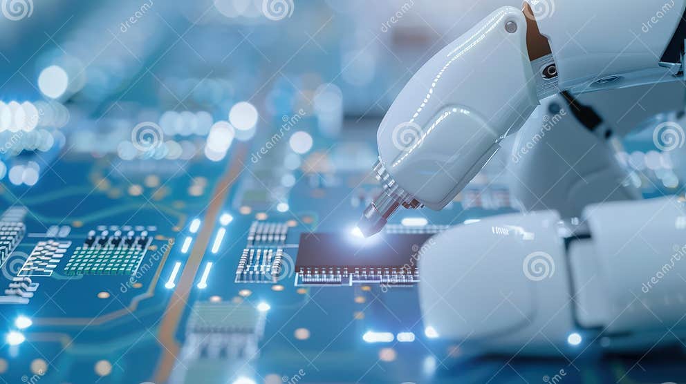 Closeup Minimal Style of AIpowered Robotic Arm Assembling Microchips on ...