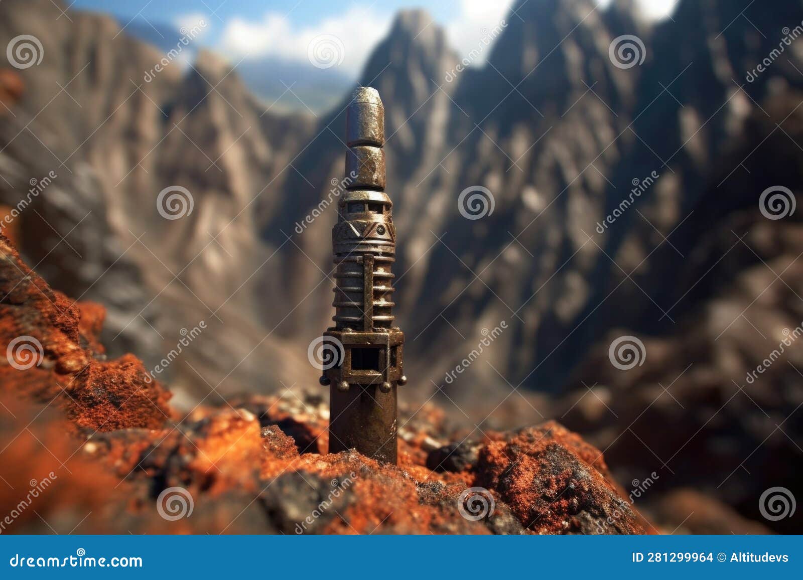 Close-up of a Mining Drill Bit with Rugged Terrain in the Background ...