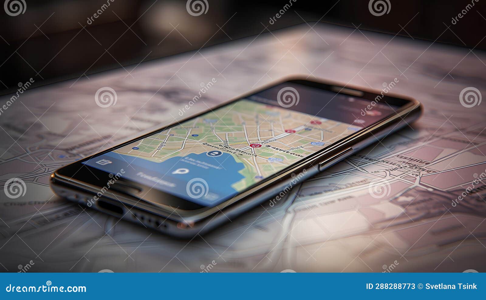 Close-up of a Mobile Phone with Red Pointers on the Map. Stock Image ...
