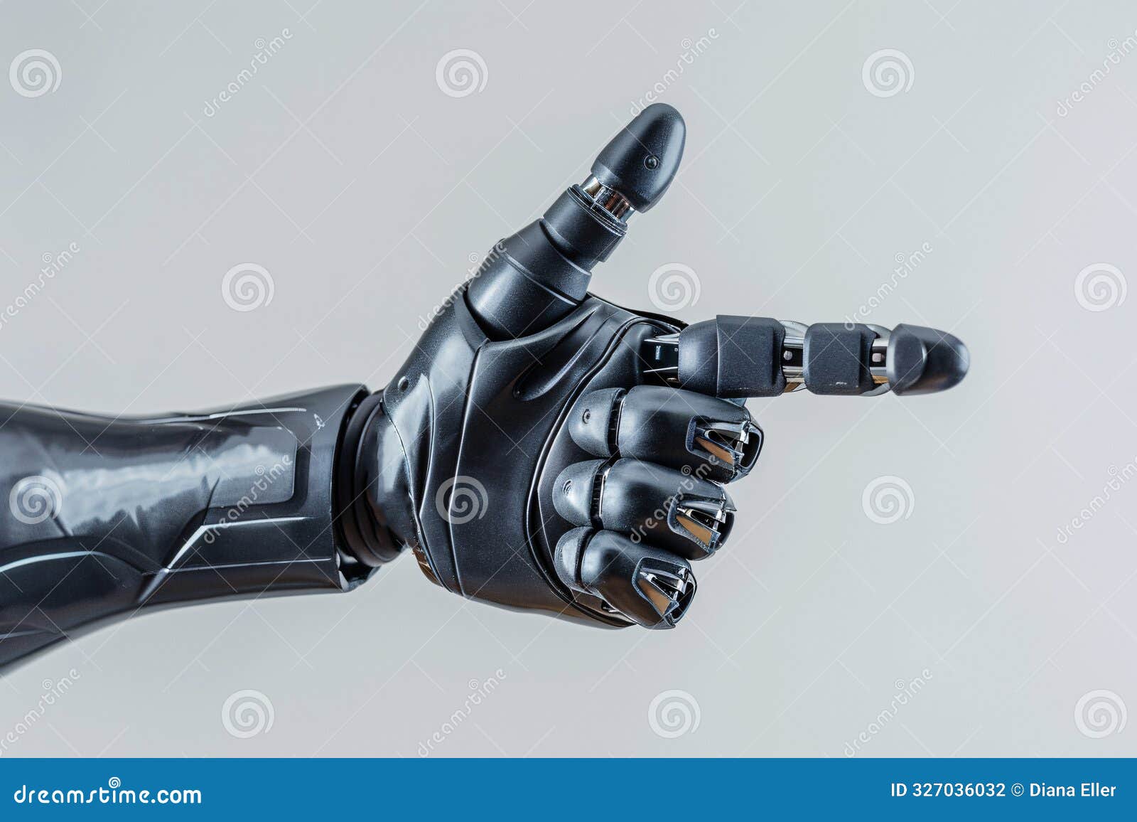 Modern Black Robotic Bionic Arm Pointing at Something Isolated on White ...