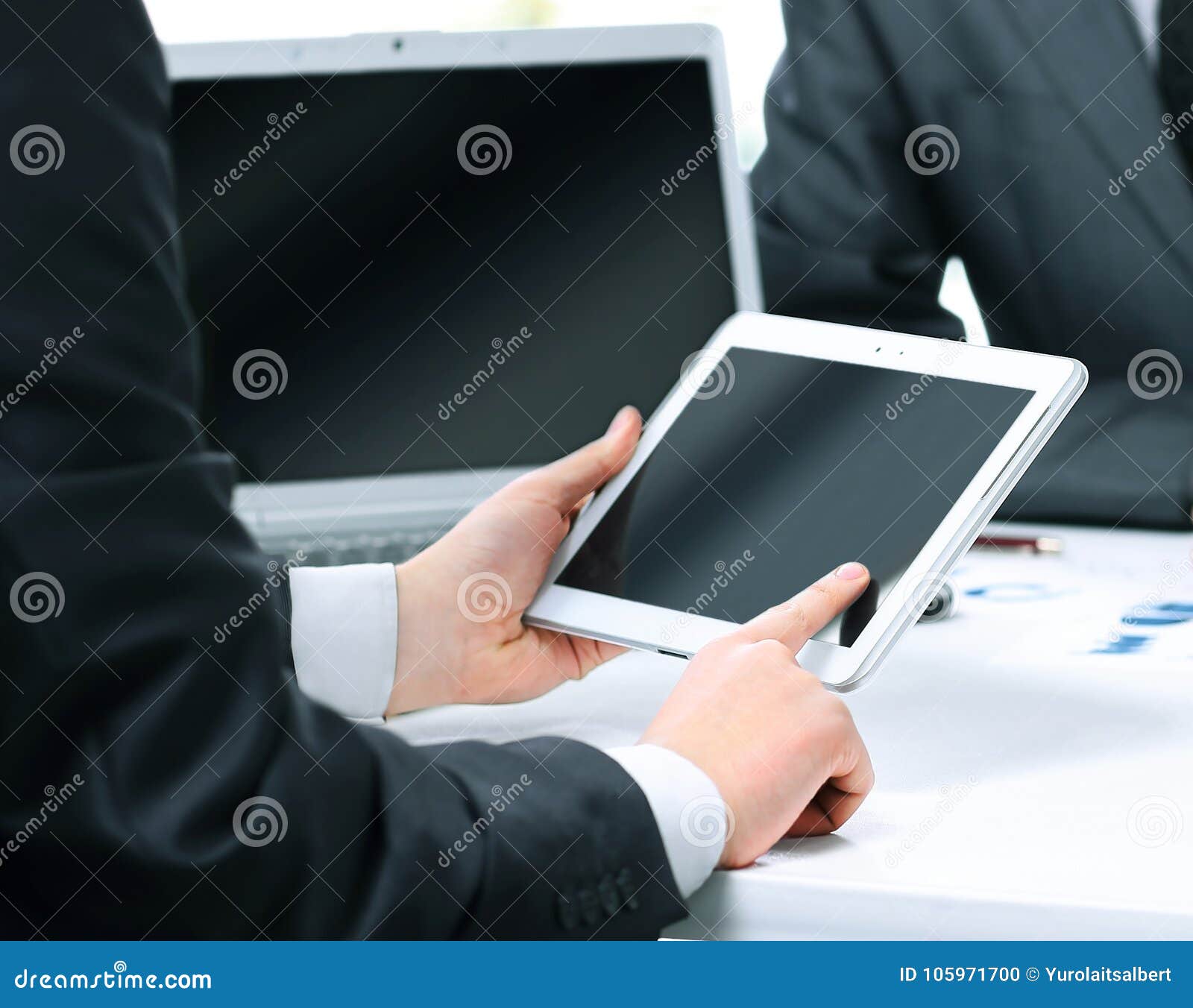 Close-up of a Modern Business Team Using Tablet Computer the Work Stock ...