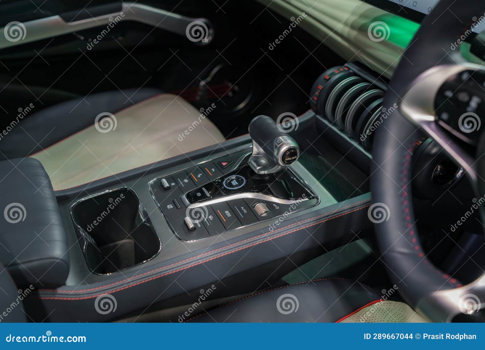 Close Up of Modern Car Automatic Gearbox and Control Buttons in EV Car ...