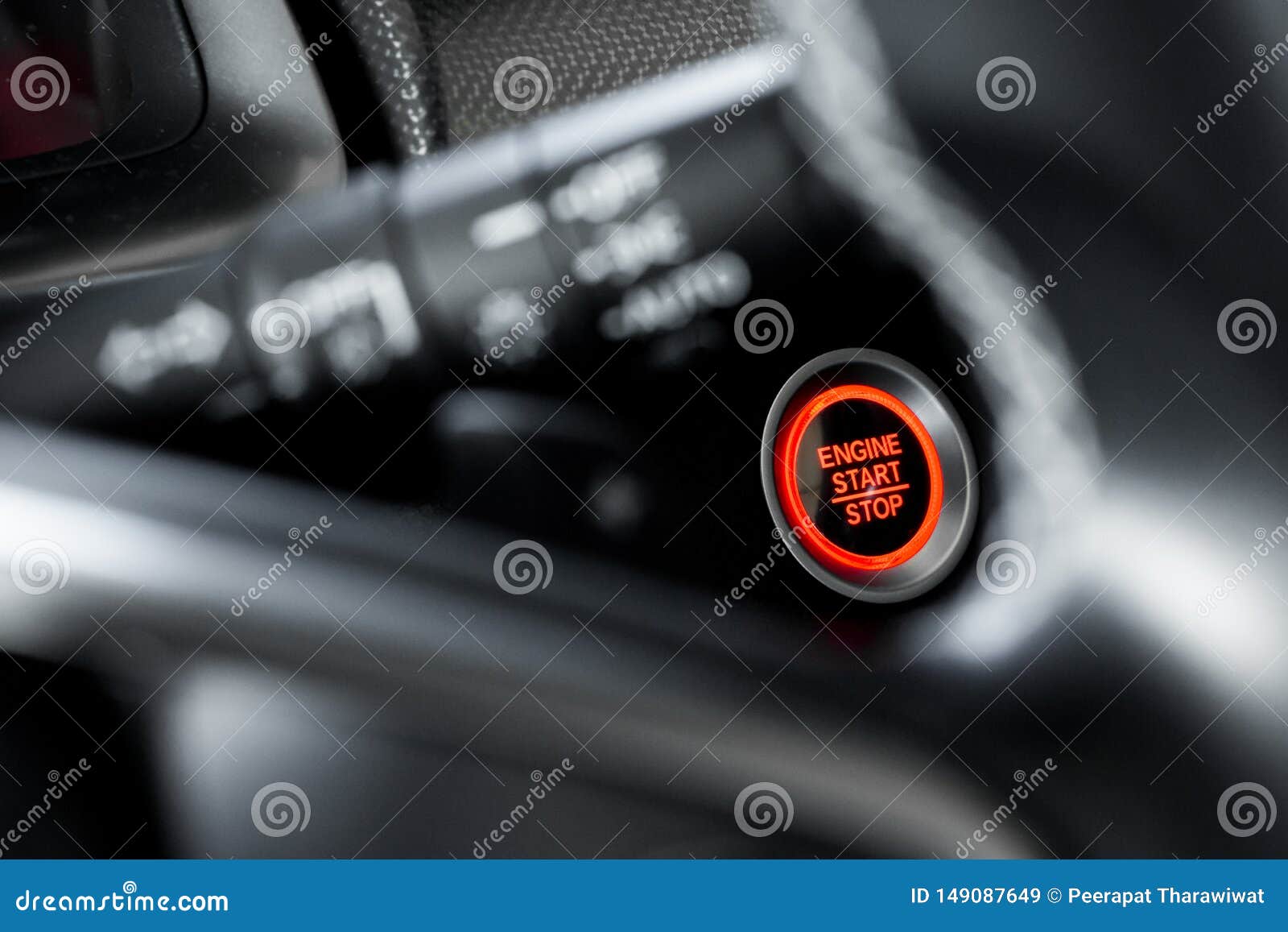 Close Up Modern Car Engine Start Stop Button on Black Leather Car ...