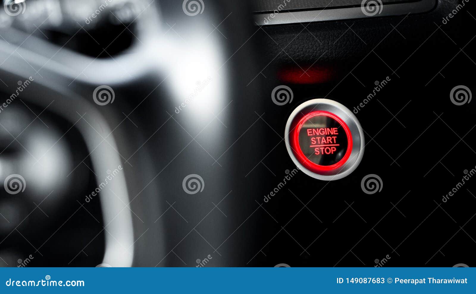 Close Up Modern Car Engine Start Stop Button on Black Leather Car ...