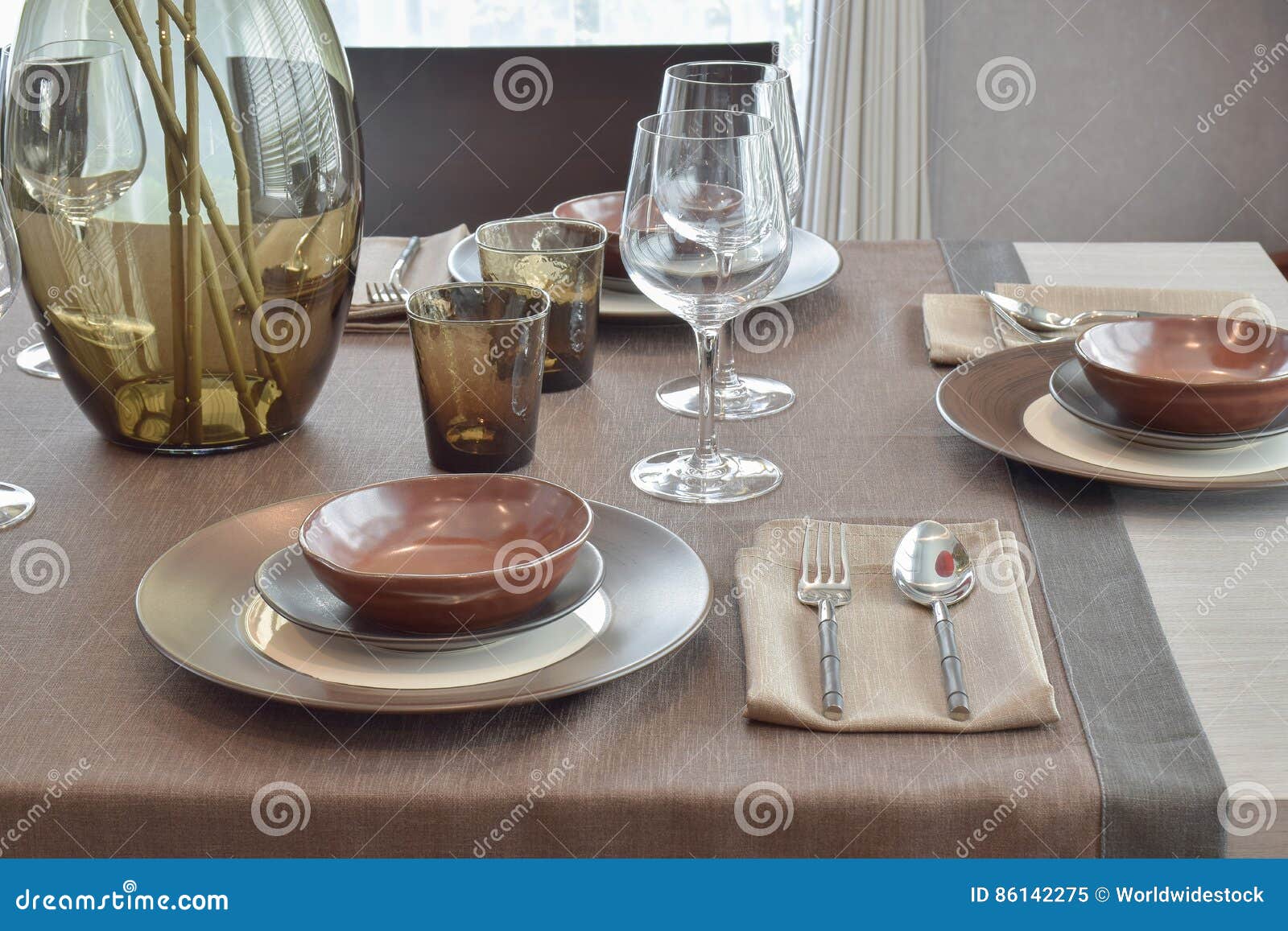 Close Up Modern Classic Dining Set on Wooden Dining Table Stock Image ...