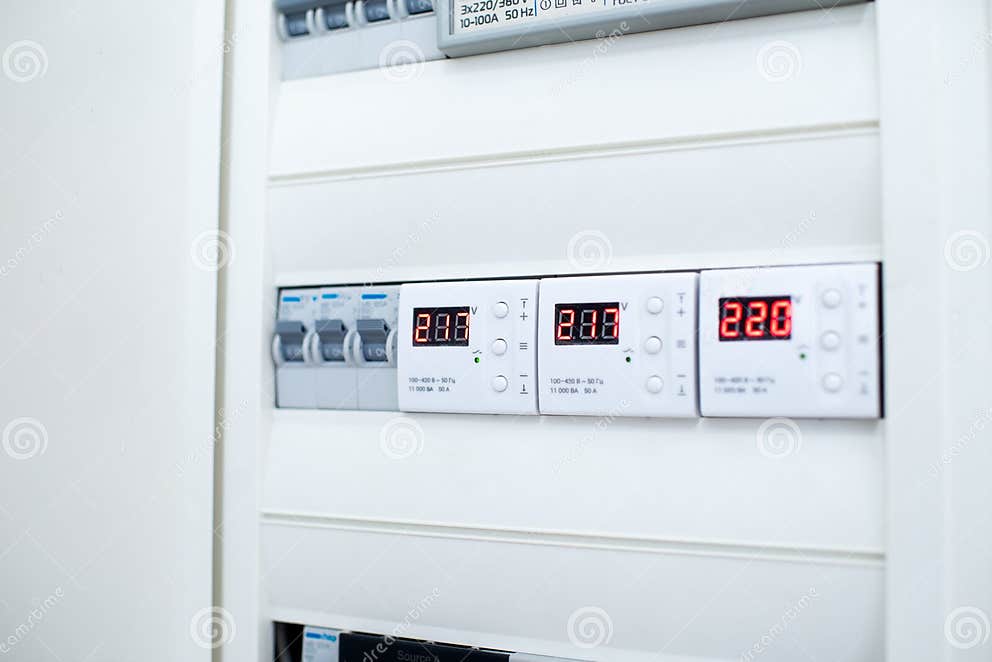 Close-up of a Modern Electrical Control Panel with Digital Voltage ...