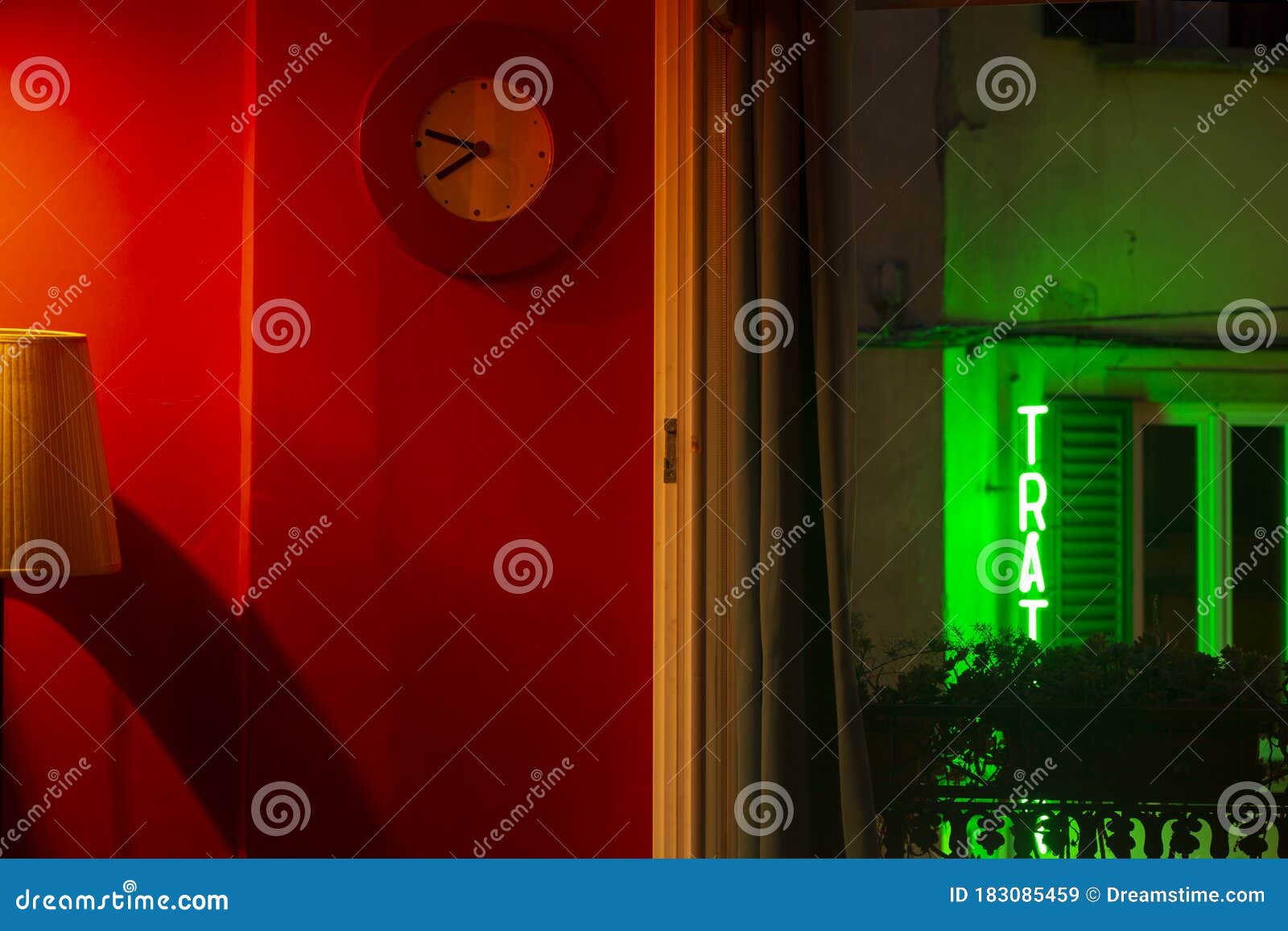Close Up of Modern Interior with Red Light Inside and Green Neon Light ...