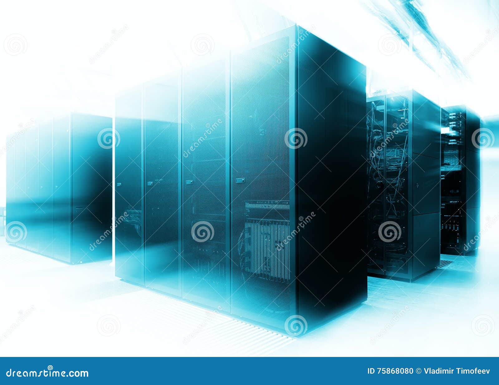 Close Up Modern Interior of Server Room, Super Computer, Data Center ...