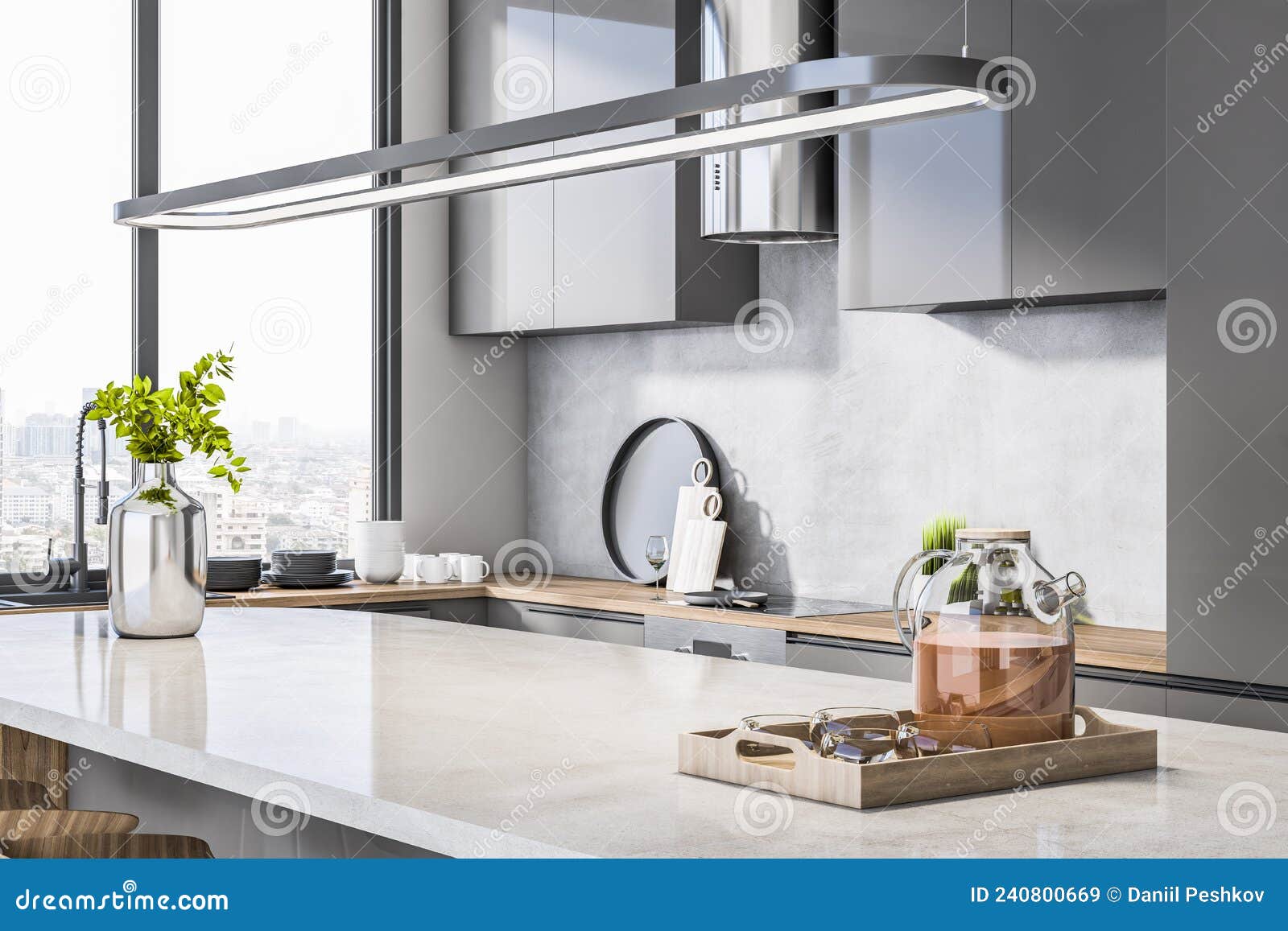 Close Up Of Modern Marble Kitchen Island With Glass Kettle, Various ...