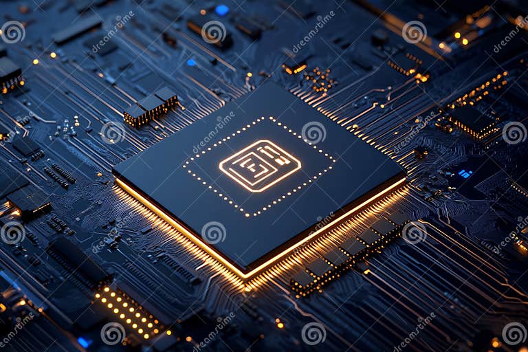 Close-up of a Modern Microchip on a Motherboard with Glowing Circuits ...