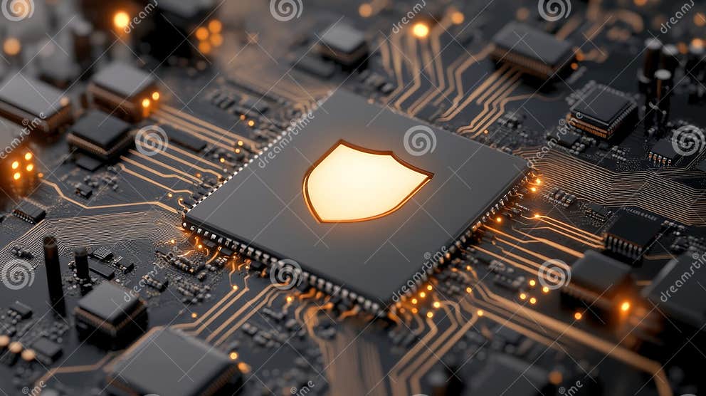 Close-up of a Modern Microchip with a Shield Icon, Symbolizing ...