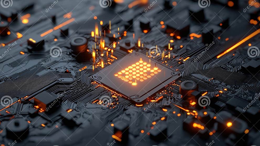 Closeup of a Modern Microprocessor Illuminated with Vibrant Orange ...
