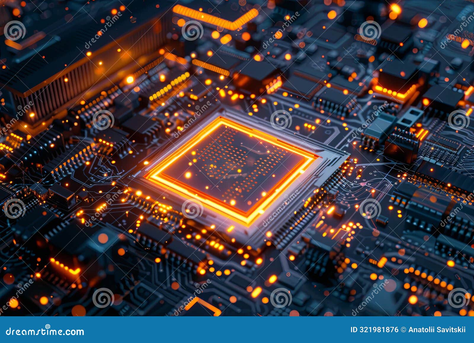 Close-up of a Modern Microprocessor on a Motherboard, with Glowing ...