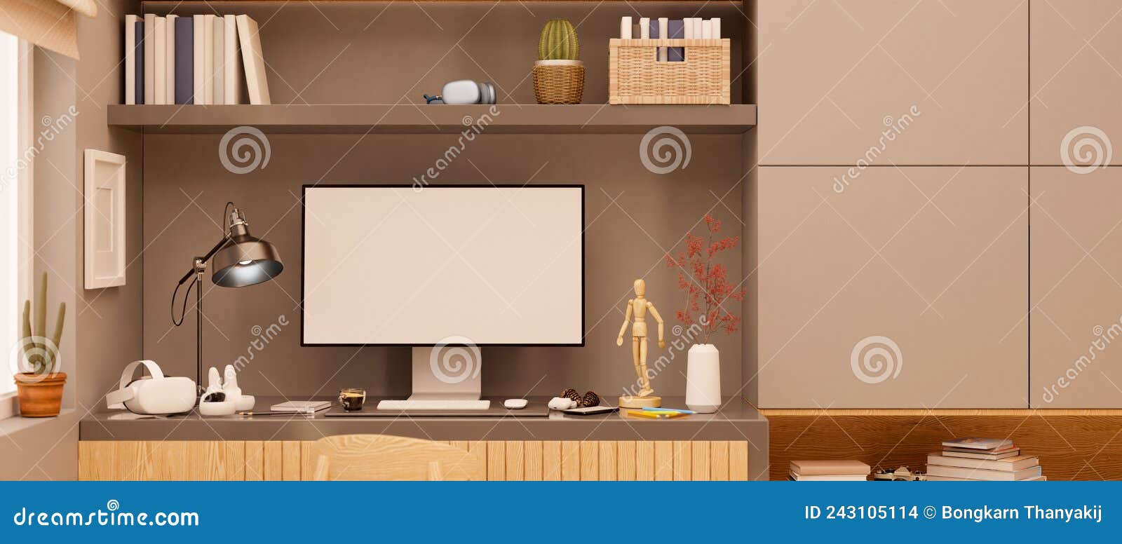 Modern Minimal Home Workspace Computer Desk with Accessories Stock ...