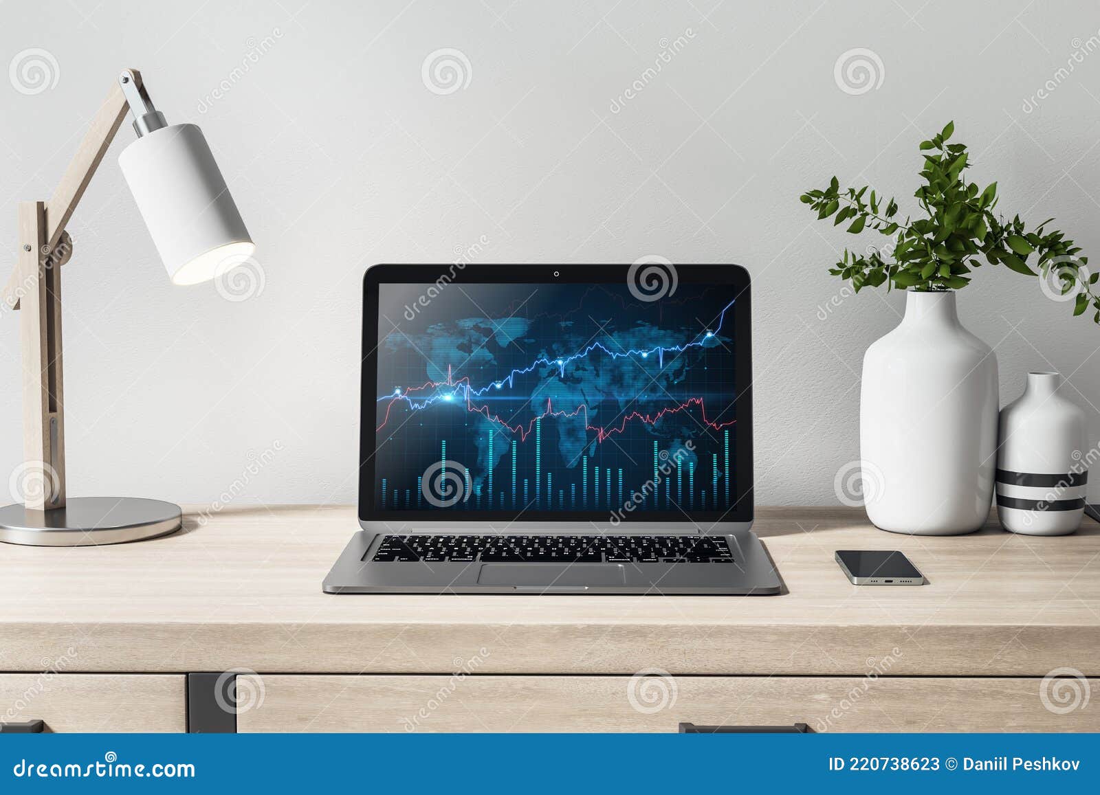 Close Up Of Modern Designer Workplace In Modern Office Interior With ...