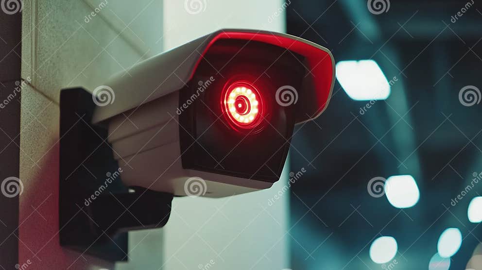 A Close-up of a Modern Security Camera with a Blinking Red Light ...