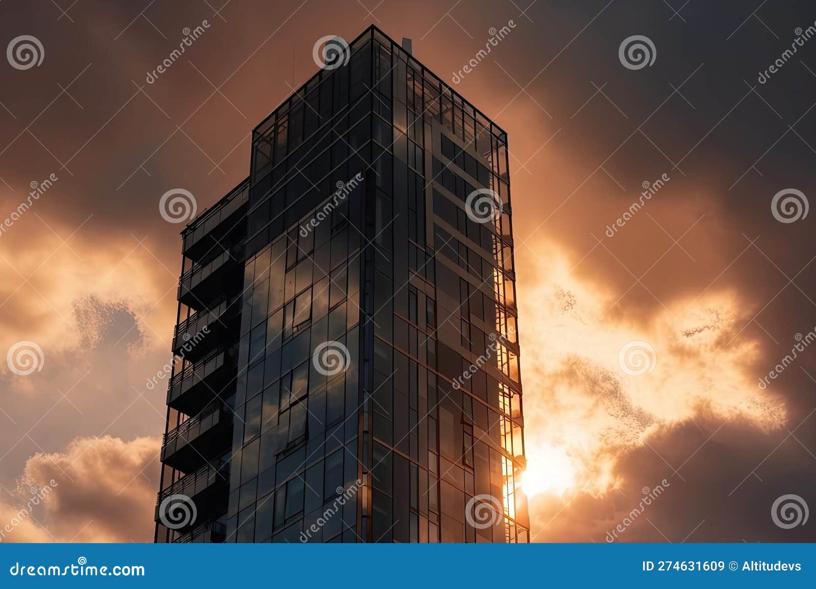 Close-up of Modern Skyscraper with Sunset Sky and Clouds in the ...