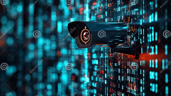 Modern Surveillance Camera Mounted on a Wall with Digital Data ...