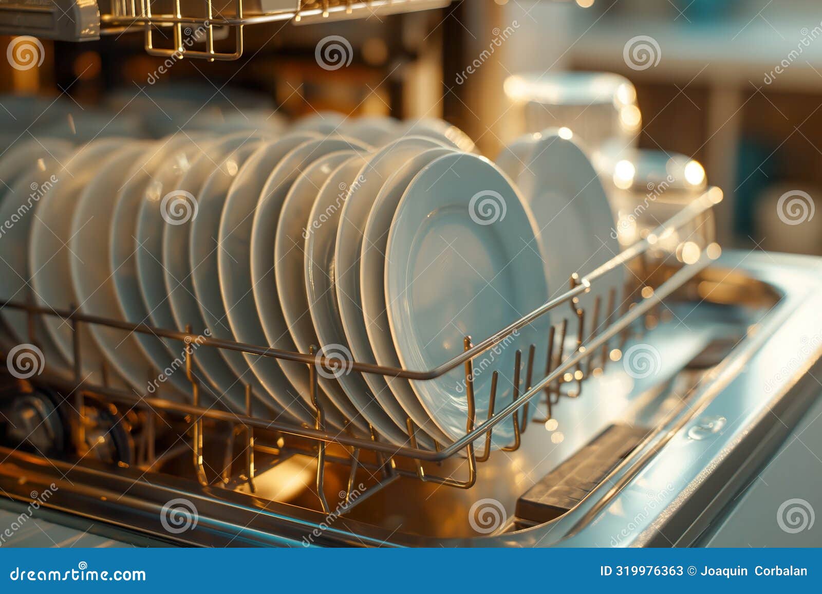 A Close-up of Modern White Dishes Neatly Stacked Inside a Fully Loaded ...