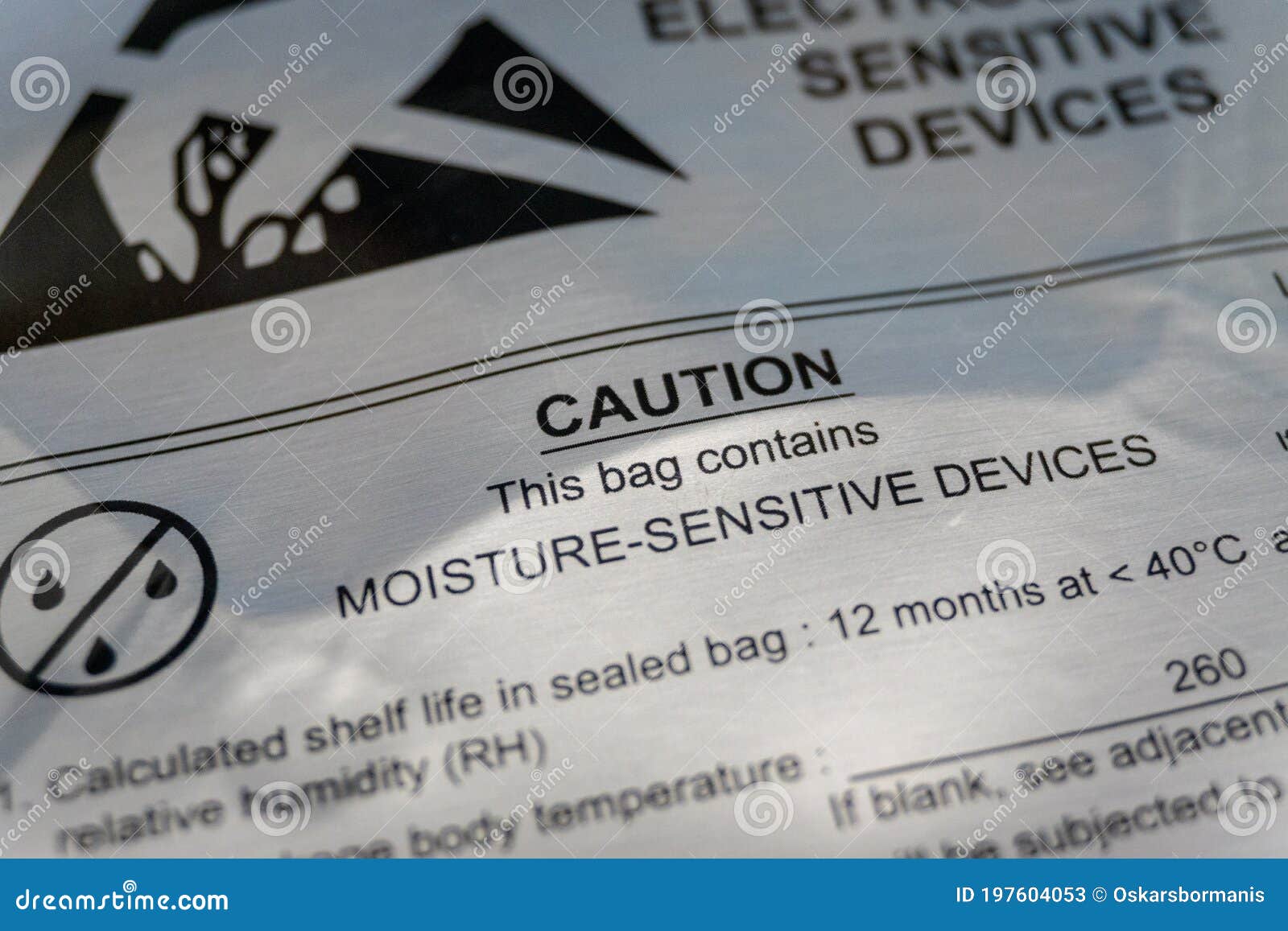Close-up of Moisture Barrier Bag Caution Warning Label from Electronics ...