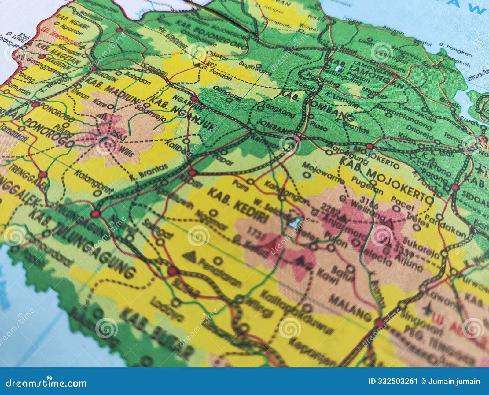 Mojokerto Regency Map and Major Cities Around it on Physical Map Stock ...