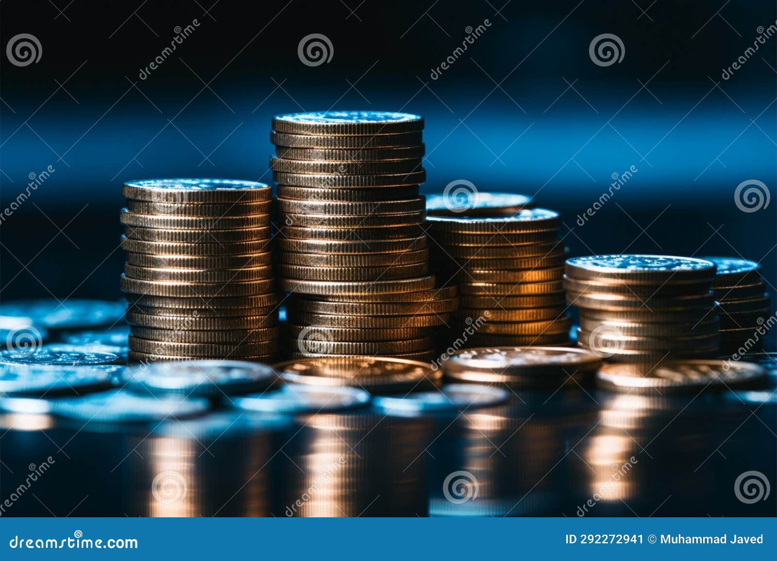 Close Up: Money Coins, Stack, Black Background, with a Blue Filter ...