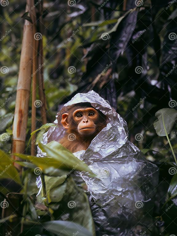 Close Up of a Monkey Covered in a Plastic Wrap Creating the Concept of ...