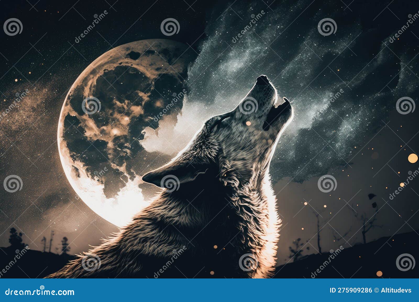 Close-up of Moon and Double Exposure of Wolf Howling Stock Illustration ...