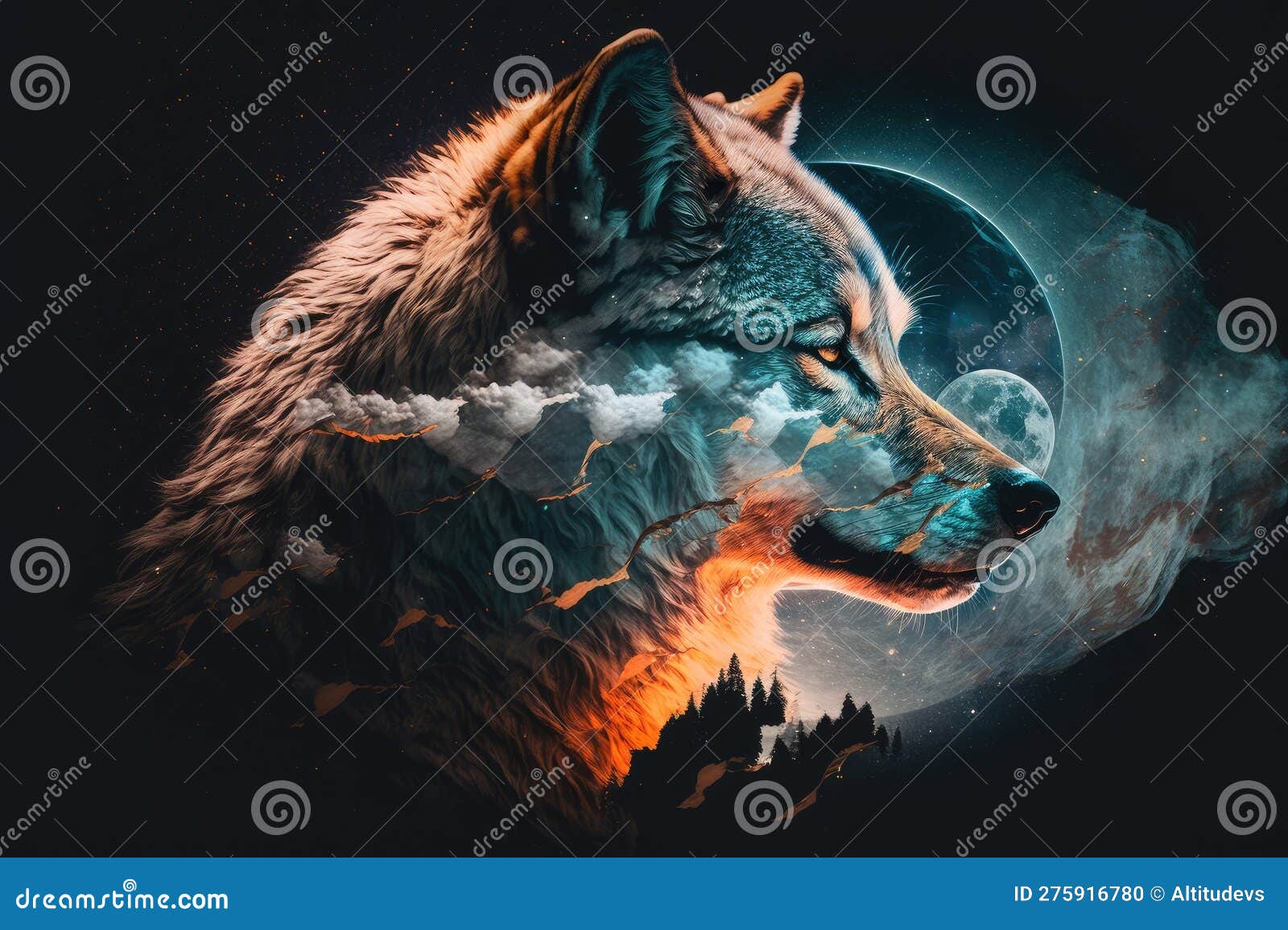 Close-up of Moon and Double Exposure of Wolf Howling Stock Illustration ...