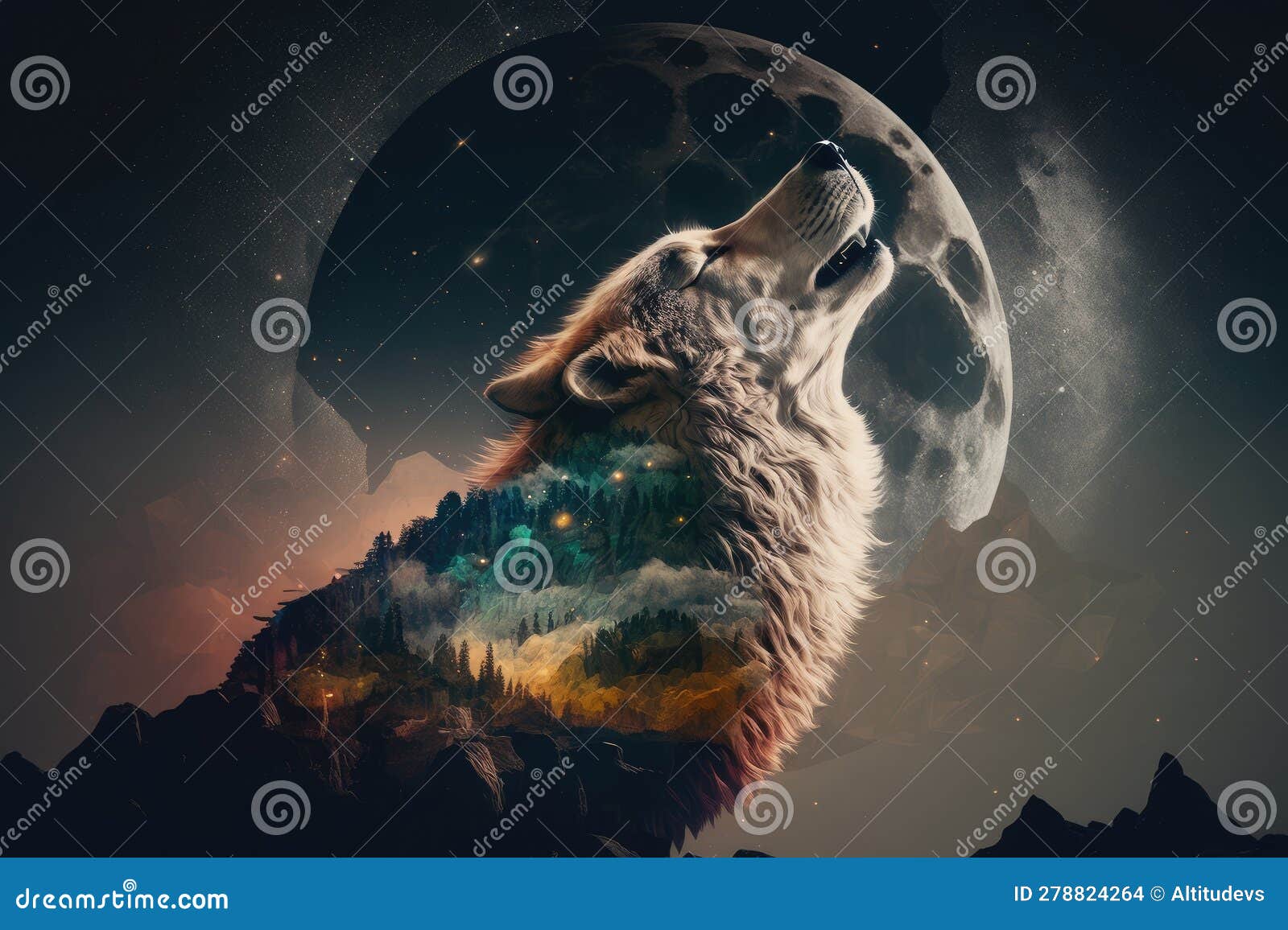Close-up of Moon and Double Exposure of Wolf Howling Stock Illustration ...