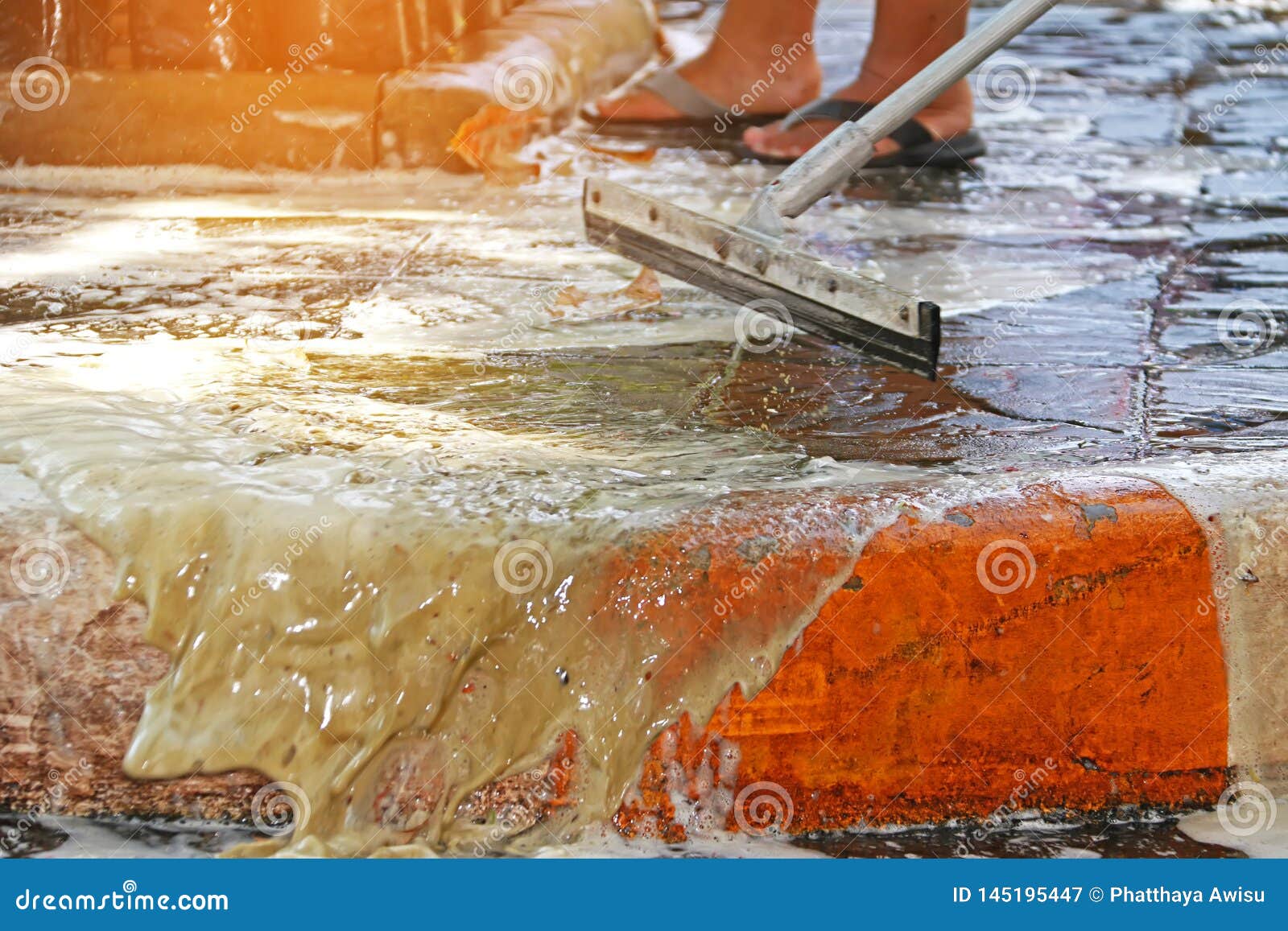 Close Up Mop Worker Cleaning Dirty Footpath Stock Image - Image of ...