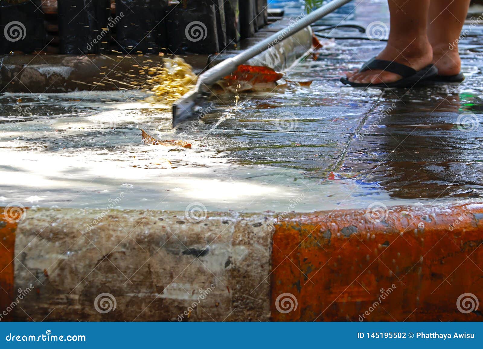 Close Up Mop Worker Cleaning Dirty Footpath Stock Photo - Image of ...