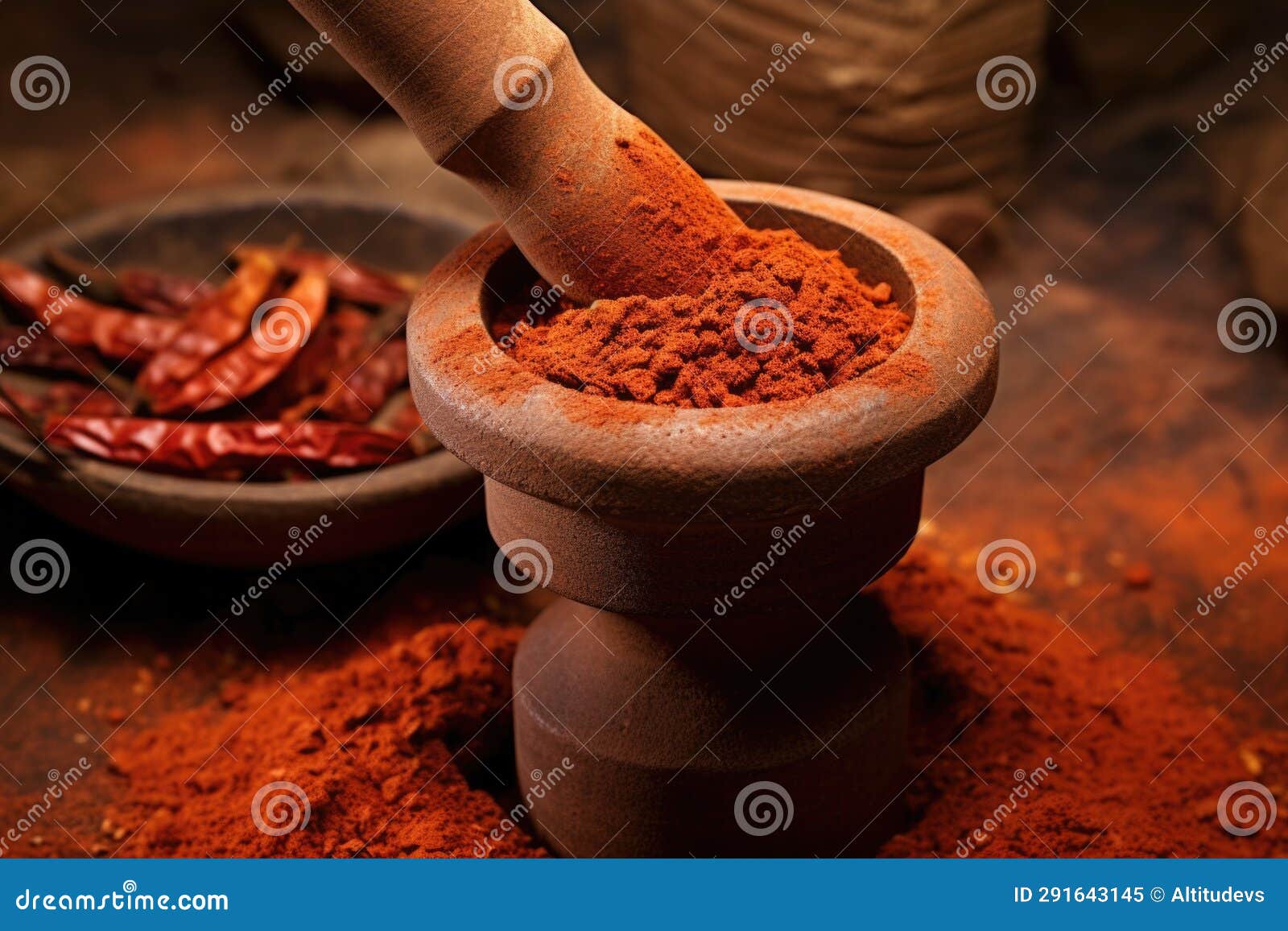 Close-up of a Mortar with Chili Powder, Pestle Resting Inside Stock ...