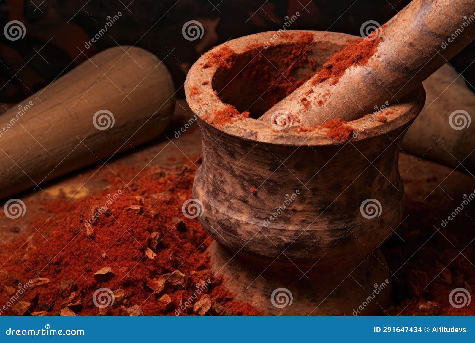 Close-up of a Mortar with Chili Powder, Pestle Resting Inside Stock ...