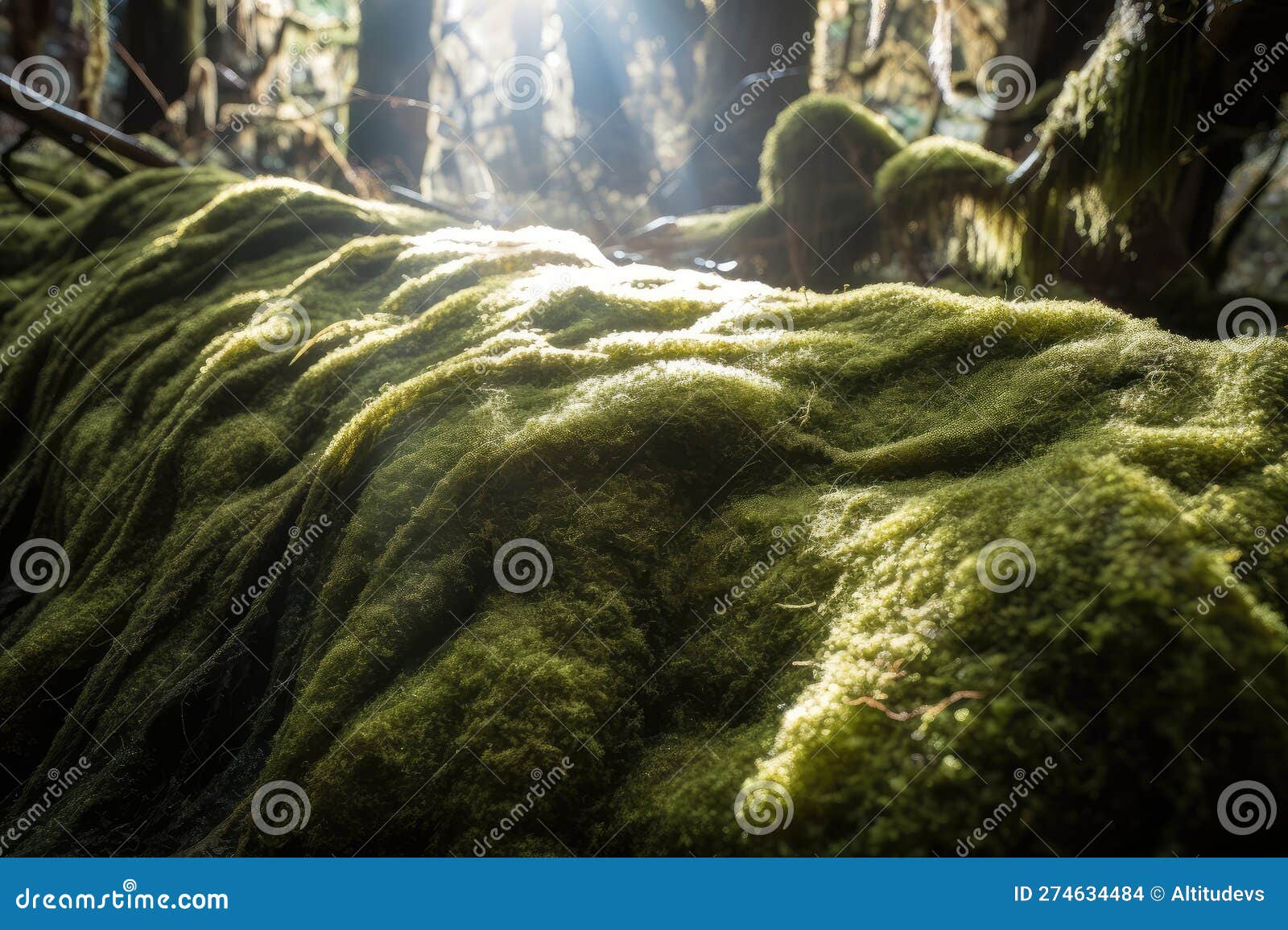 Close-up of Moss Blanket with Sunlight Shining through the Canopy Stock ...