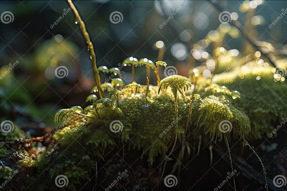 Close-up of Moss in Forest, with Dew Drops and Sunshine Stock ...
