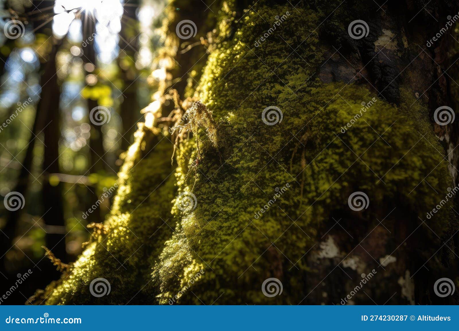 Close-up of Moss Growing on Tree Trunk, with Sunlight Peeking through ...