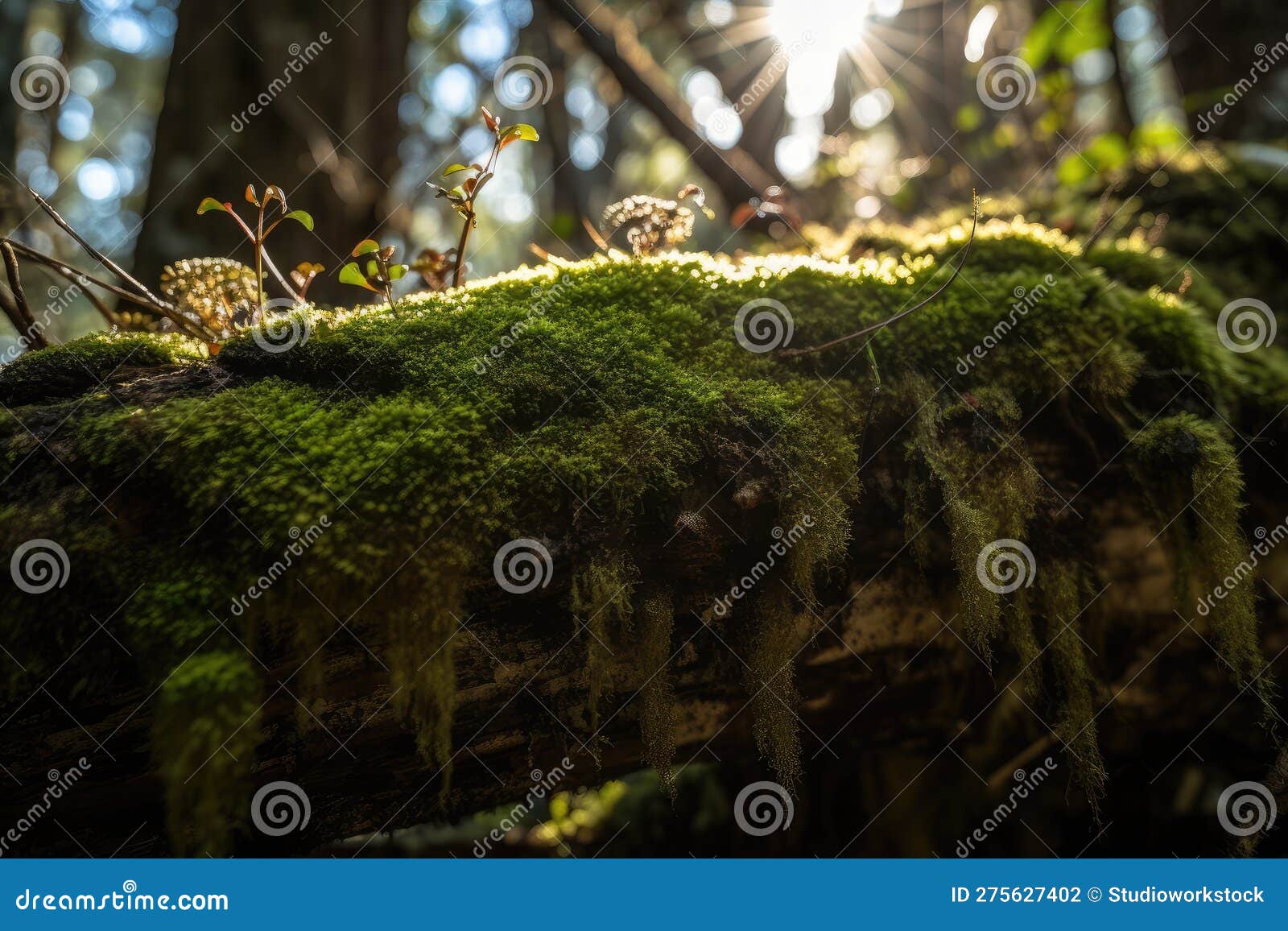 Close-up of Moss Growing on Tree Trunk, with Sunlight Peeking through ...