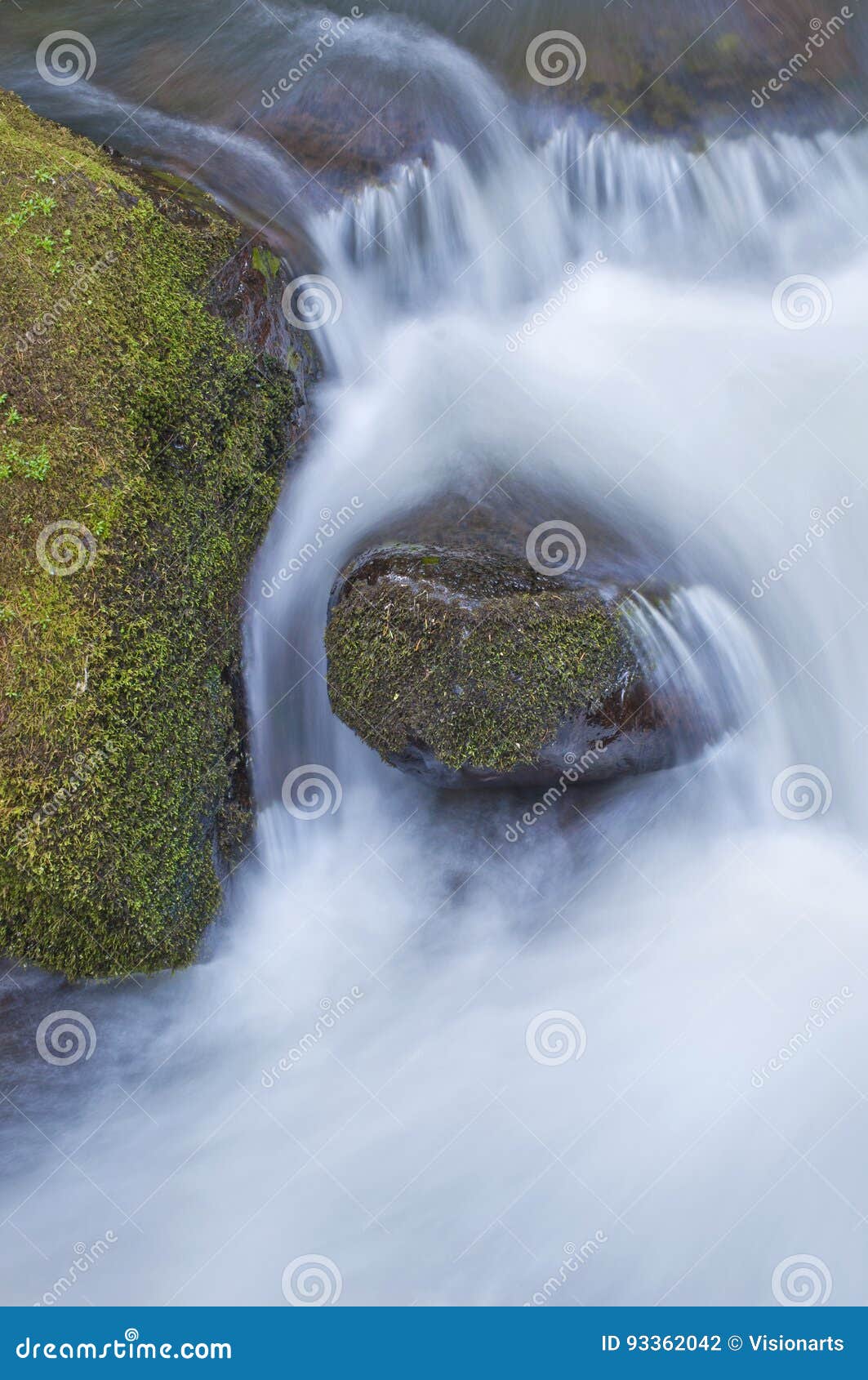 Close Up of Mossy Rock with Flowing Water Rushing Downstream Stock ...