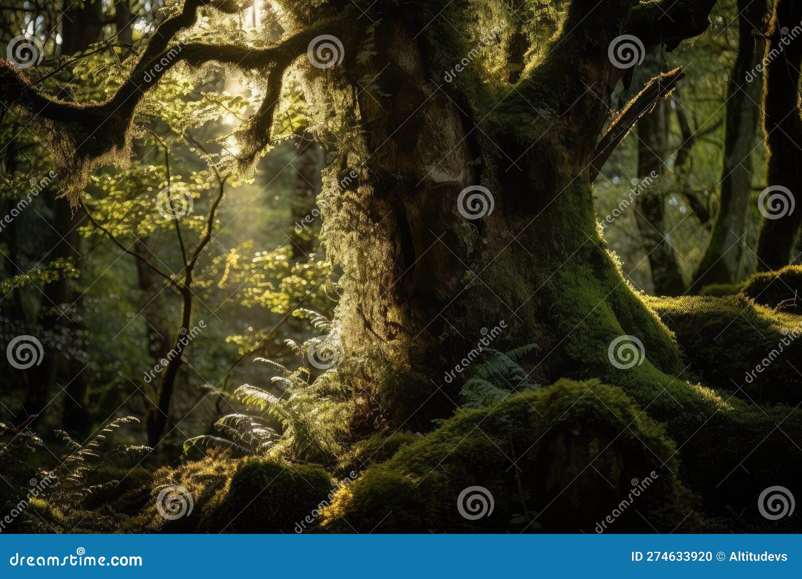 Close-up of Mossy Tree Trunk with Dappled Sunlight Shining through the Canopy Stock Illustration ...